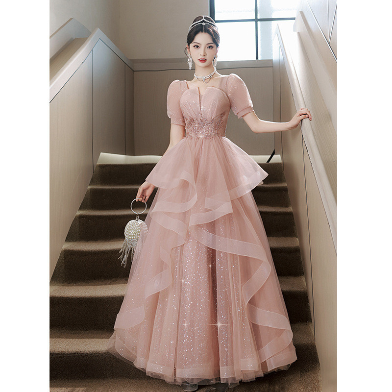 Vestido de noite rosa feminino banquete reunião anual anfitrião luz ...