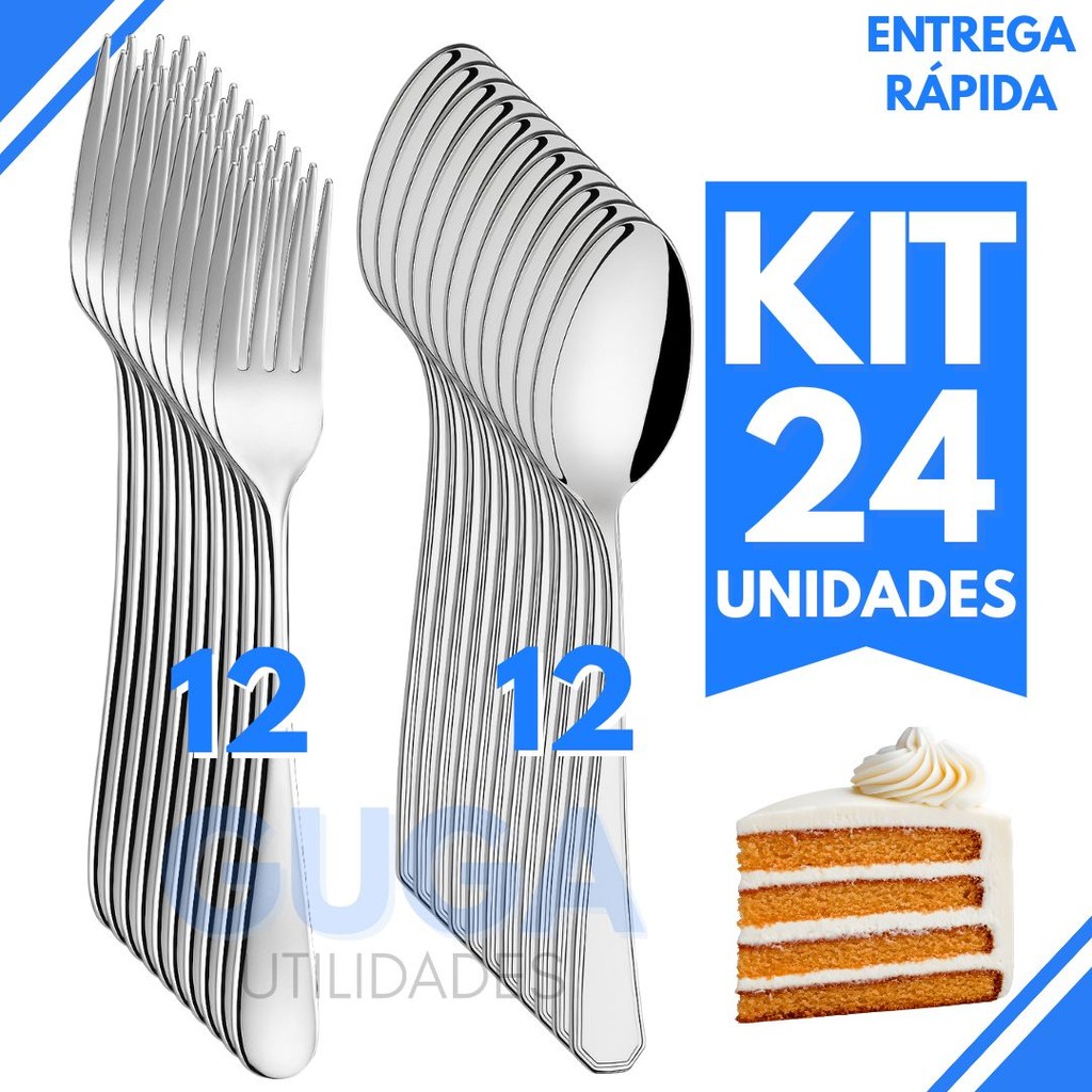 Kit 24 Talheres de Sobremesa Inox Premium, 12 Garfos e 12 Colheres ...