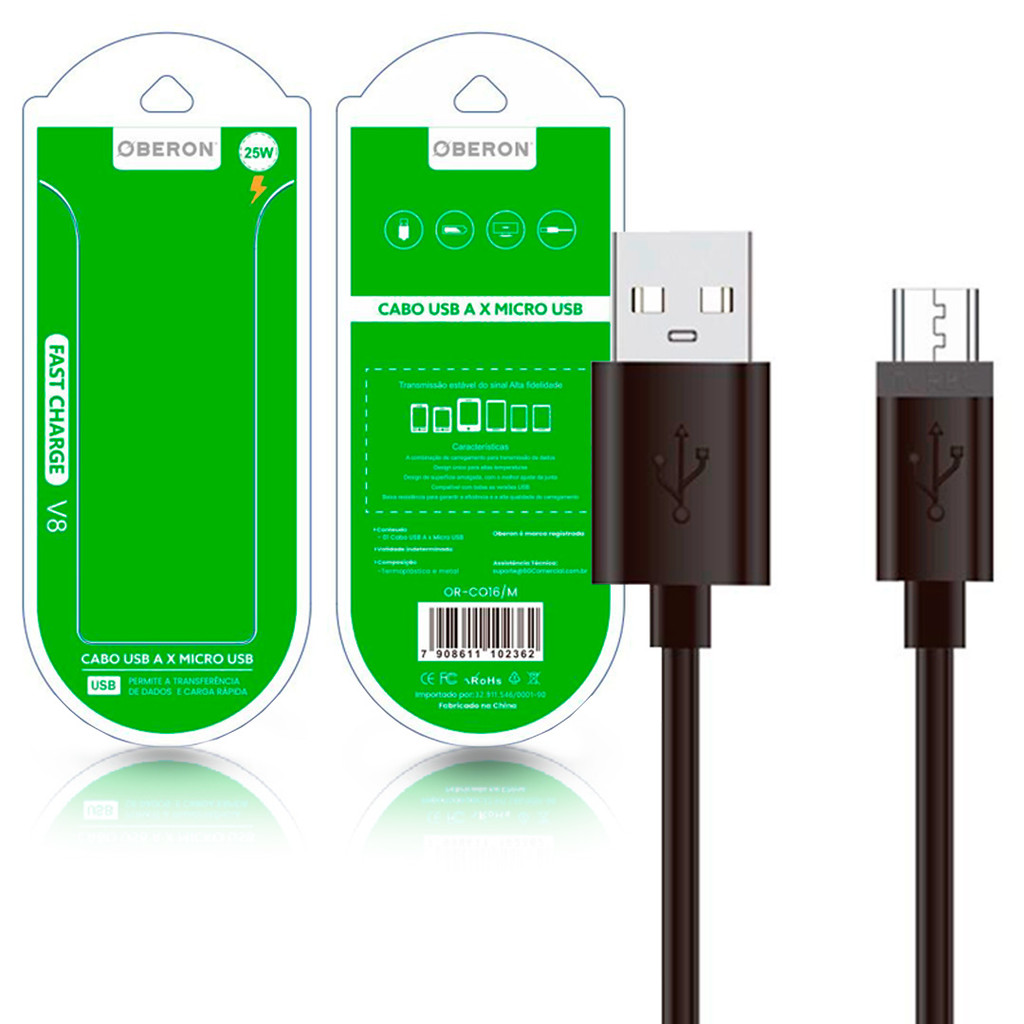 CABO V8 Micro USB x USB 1 Metro 3.6A OBERON - OR-CO16/M | Shopee Brasil