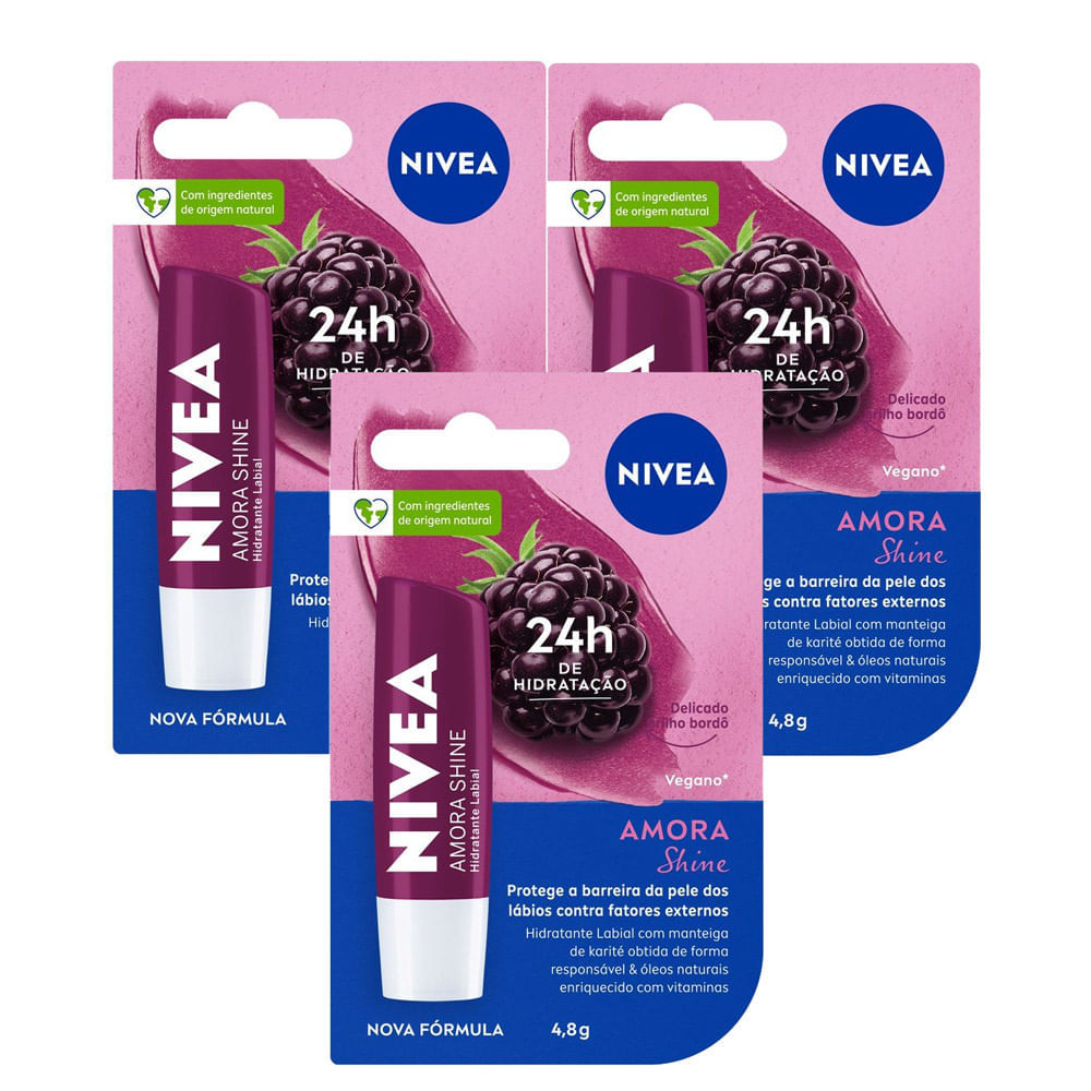 Kit 3 Hidratante Labial Nivea Amora Shine 4,8g | Shopee Brasil