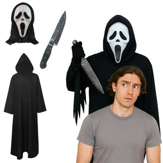 Fantasia Pânico Ghostface Completa Kit Tunica Preta Máscara Faca ...