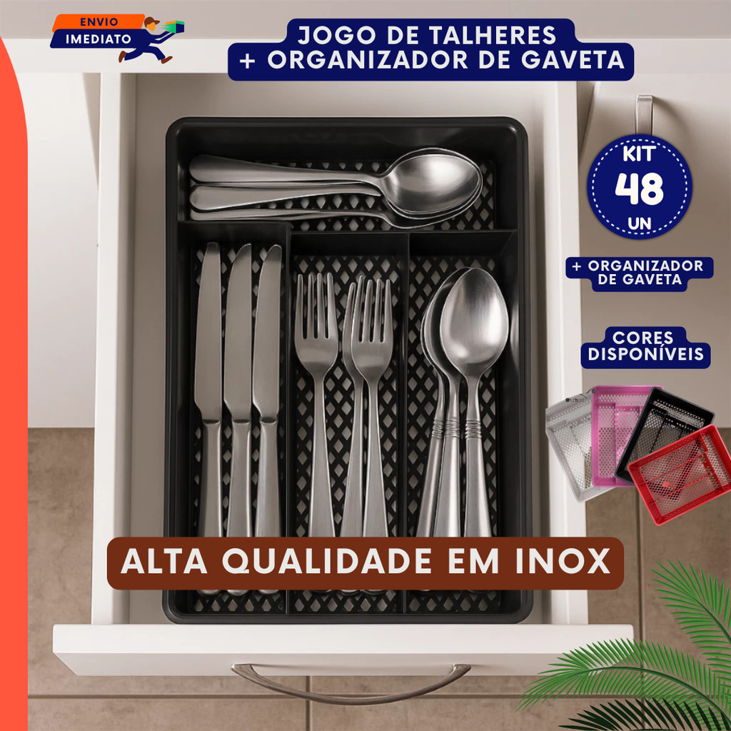 KIT Talher 48 Peças Talheres Aço Inox Com Organizador Escorredor ...