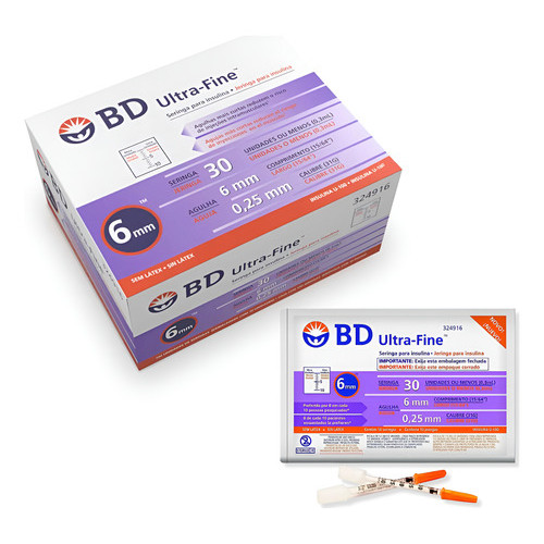 100 Seringa Insulina Bd Ultra Fine 30ui 6mm 0,25mm Calibre 0.3 Ml ...