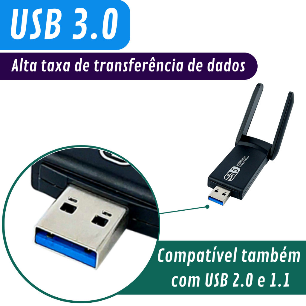 Adaptador Wifi 5Ghz USB 3.0 1300 Mbps Dual Band 2.4G e 5G Receptor ...