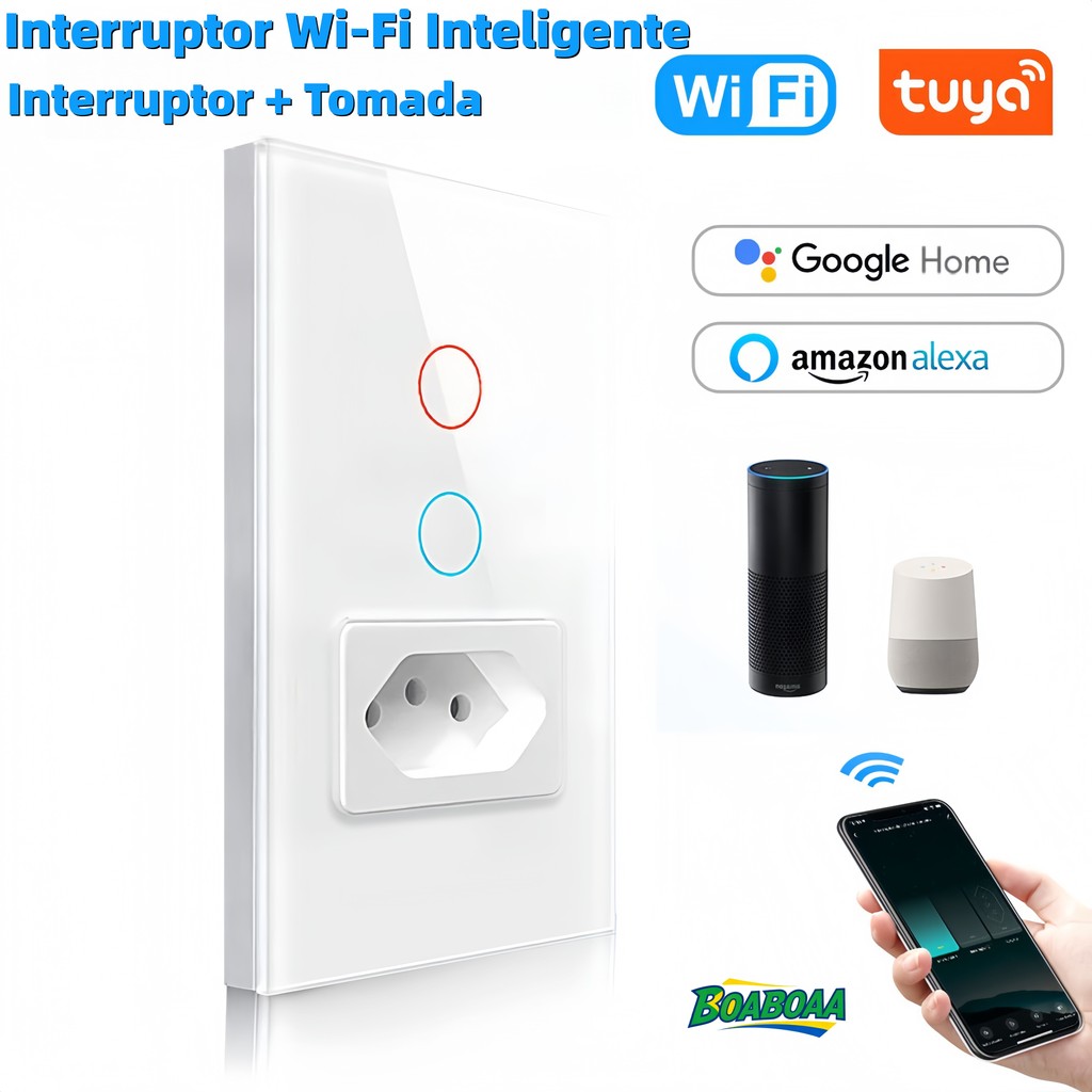 Interruptor Inteligente WiFi com Painel de Vidro Touch 2 Botões + 1 ...