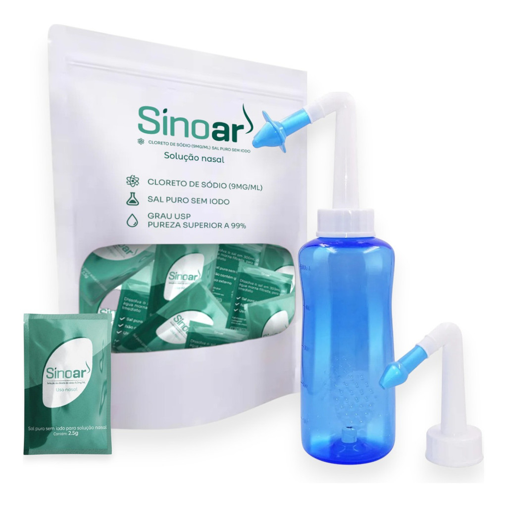 Kit Limpeza Nasal Sinoar 30 Sachês 0,9% + Garrafa 300ml 2 Bicos | Sem ...