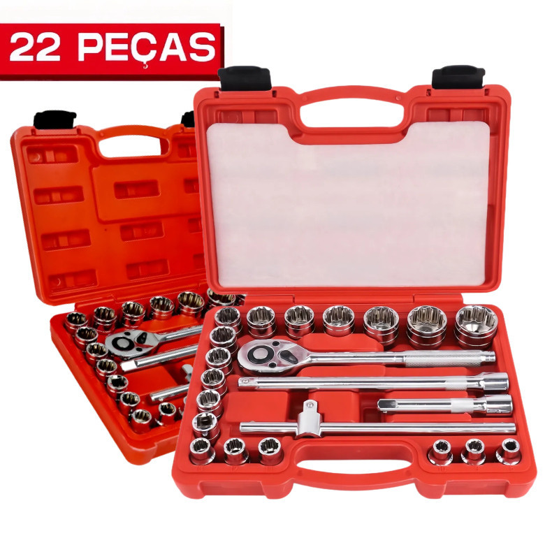Kit 22 Peças Soquetes Estriados com Catraca Reversível - Jogo ...