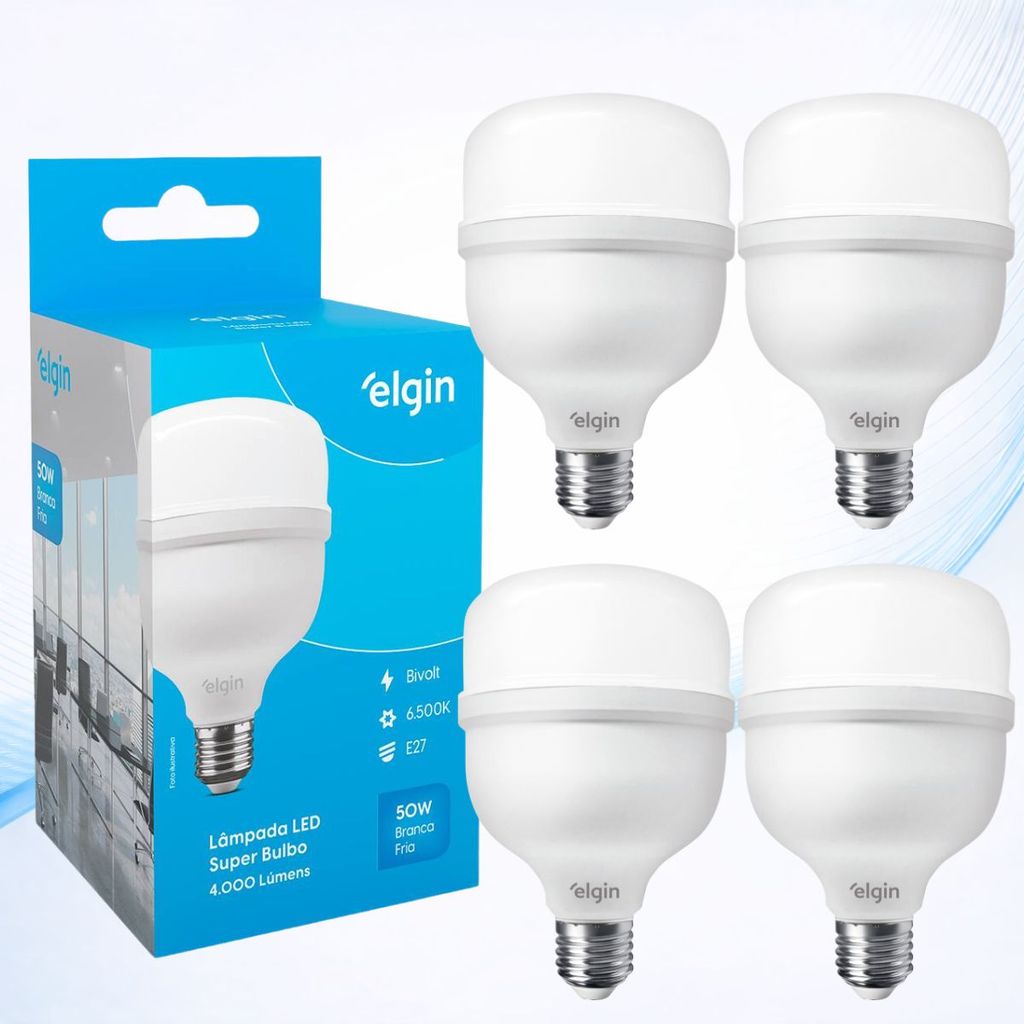 Kit 4 Lâmpadas LED 50W Elgin Super Bulbo E27 6500K Alta Potência Branca ...