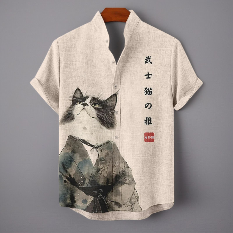 2026 Verão Camisa De Manga Curta Nova Impressão De Flor De Ameixa Masculina Gola Alta Moda De ...