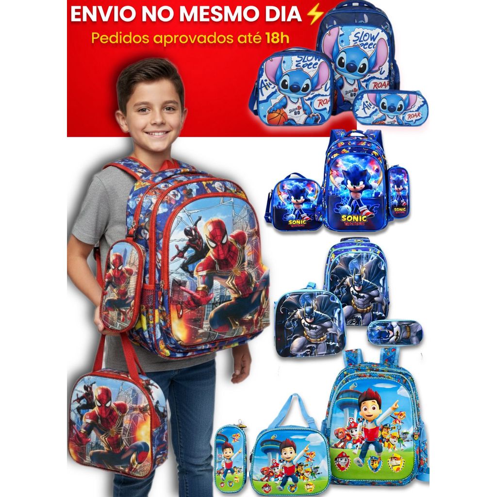 KIT MOCHILA ESCOLAR MENINO ESTOJO LANCHEIRA TERMICA TEMATICA HOMEM ...