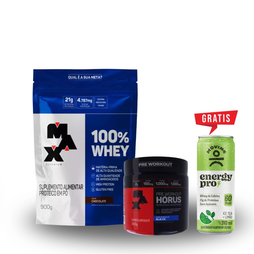 COMBO 100% Whey 900g Refil Max Titanium + Pré-treino Hórus 300g Max ...