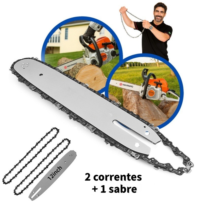 Kit 1 Sabre E 2 Correntes Motosserra 12 Polegadas Passo 3/8 LP 45 Elos ...
