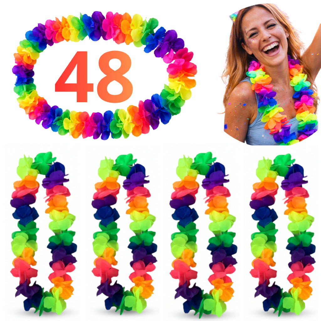 Kit 48 Colar Havaiano Neon Flor Carnaval Flores Coloridas para Luau ...