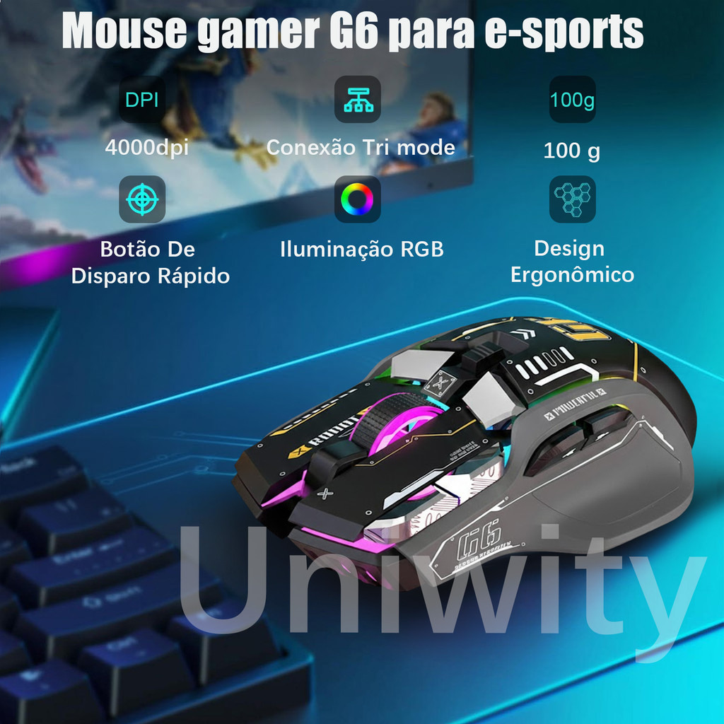 Uniwity Mouse Gamer Sem Fio Recarregável RGB 3 Modos Bluetooth 2.4G USB ...