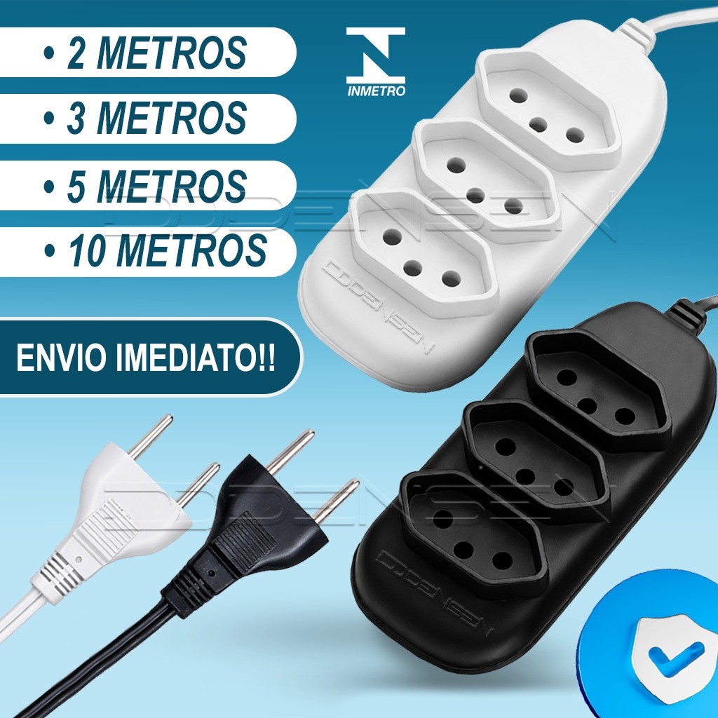 Extensão elétrica de Energia 3 Tomadas Bivolt 10AP 2 Á 10 Metros ...