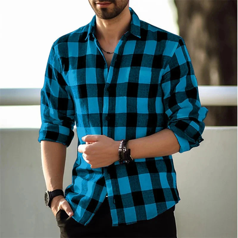 Novo Roxo Xadrez Impressão Camisa Masculina Moda Manga Longa Botão ...