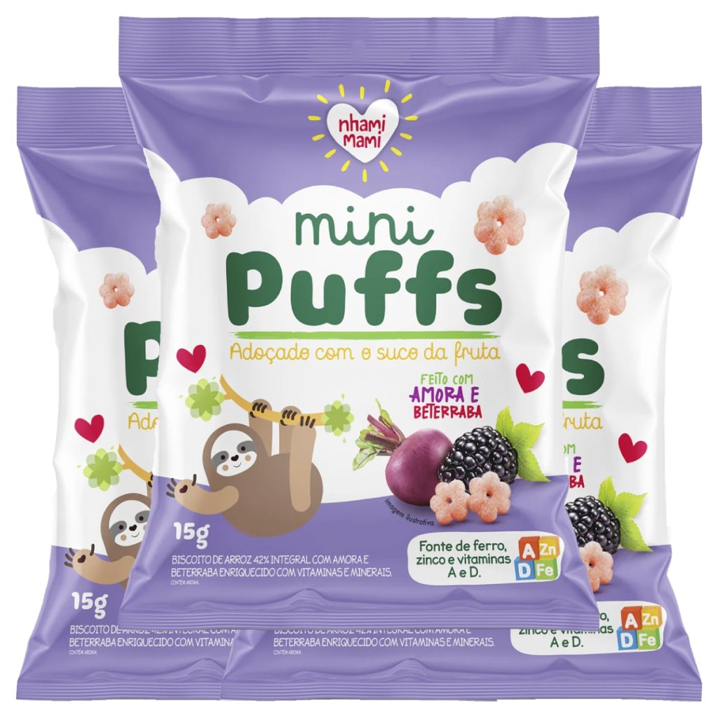 Kit Biscoito de Arroz Mini Puffs Amora e Beterraba Nhami Mami - 3 ...