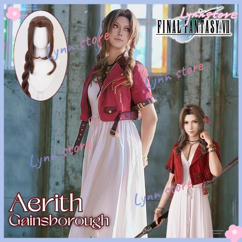 AERITH GAINSBOROUGH Cosplay FINAL FANTASY AERIS Vestido Peruca Terno ...