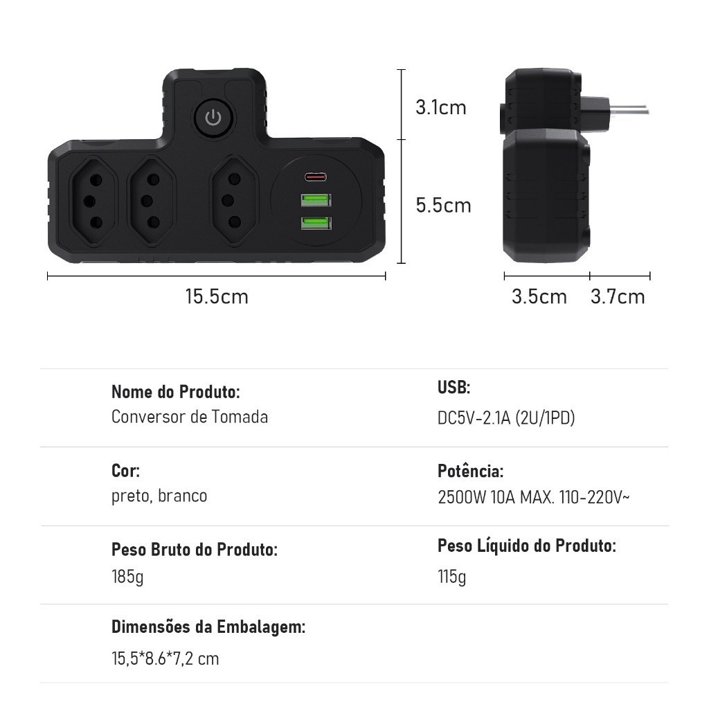 Extensão Tomada, Régua Tomada, Régua de Energia, Adaptador Tomada, 3 ...