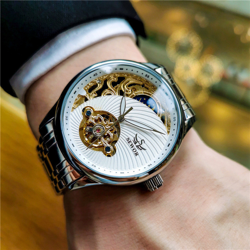 Relógio Mecânico Automático Masculino SEWOR Tourbillon Vazado | Retro ...