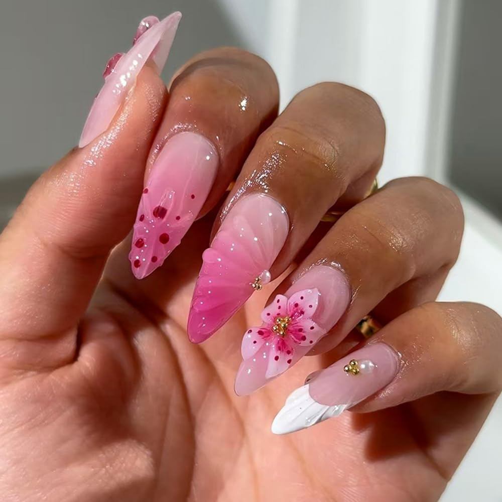Rose Pink Gradient Press on Nails Medium Almond Shaped Fake Nails with ...