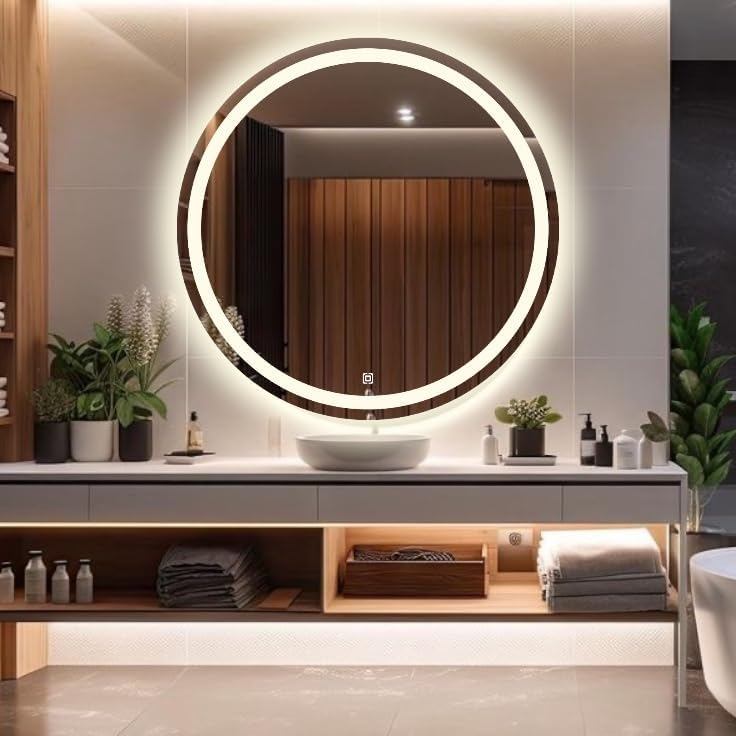 - Espelho Redondo Jateado 80cm com LED Frio Quente Neutro – Acionamento ...