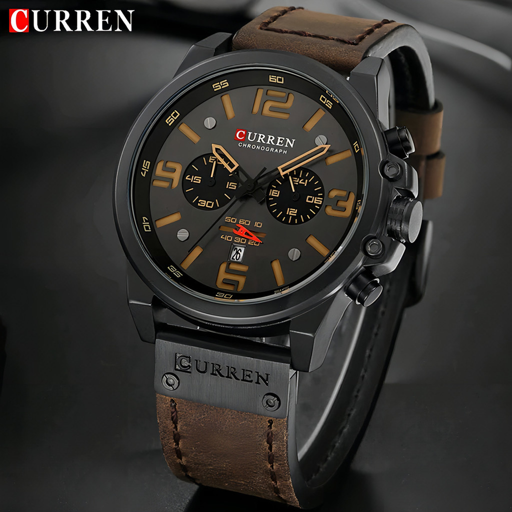 Relógio Masculino Curren Luxo Cronógrafo Couro Marrom/Preto Original ...