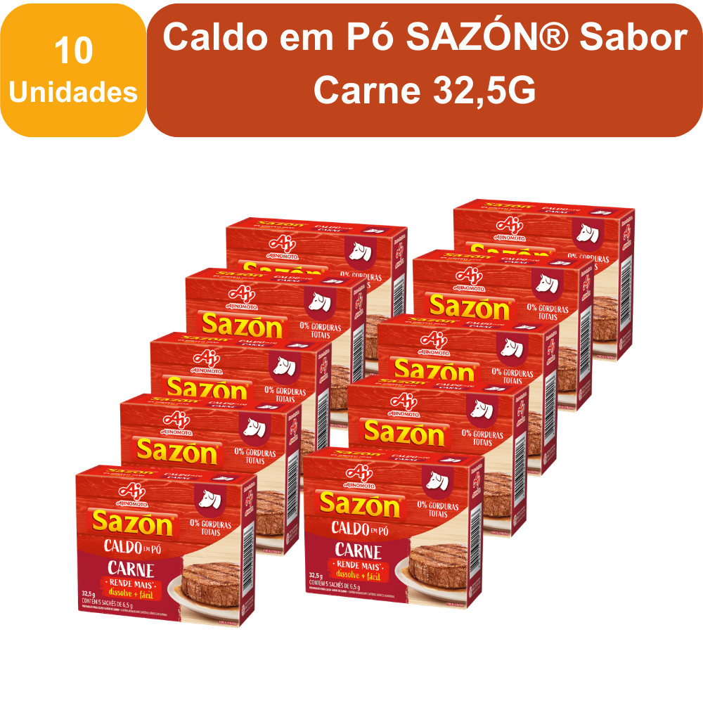 Kit 10 Unidades Caldo em Pó SAZÓN® Sabor Carne 32,5G | Shopee Brasil