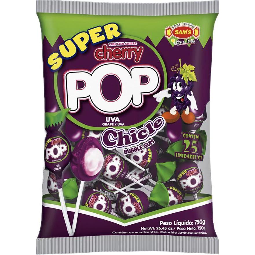 Pirulito Super Cherry Pop Uva Recheio Chiclete c/25 - Sams | Shopee Brasil