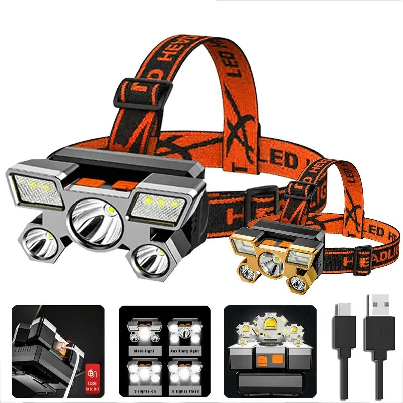 Lanterna Holofote De Cabeça 5 LED Super Brilhante À Prova D 'Água USB ...