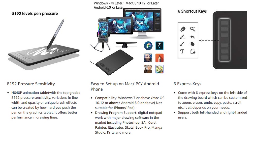 Huion H640P Graphics Desenho Tablet Stylus com 6 teclas expressas ...