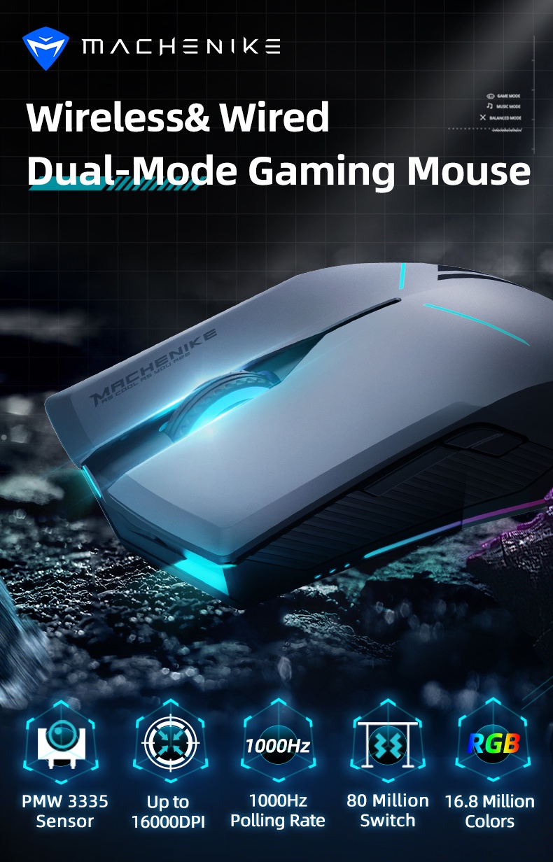 Machenike M7 Gen 2 Mouse com fio 2.4G sem fio de modo duplo para jogos RGB retroiluminado até ...