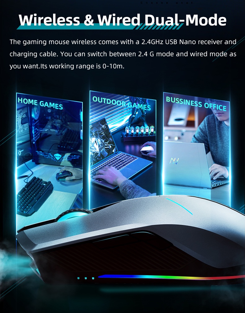 Machenike M7 Gen 2 Mouse com fio 2.4G sem fio de modo duplo para jogos RGB retroiluminado até ...