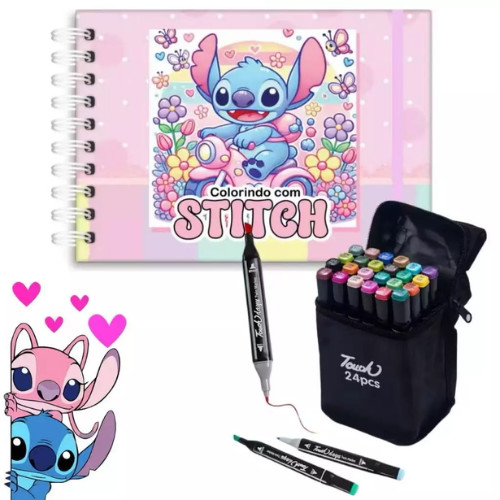 Kit Livro de Colorir Stitch + 24 Canetas Marcador Ponta Dupl | Shopee Brasil