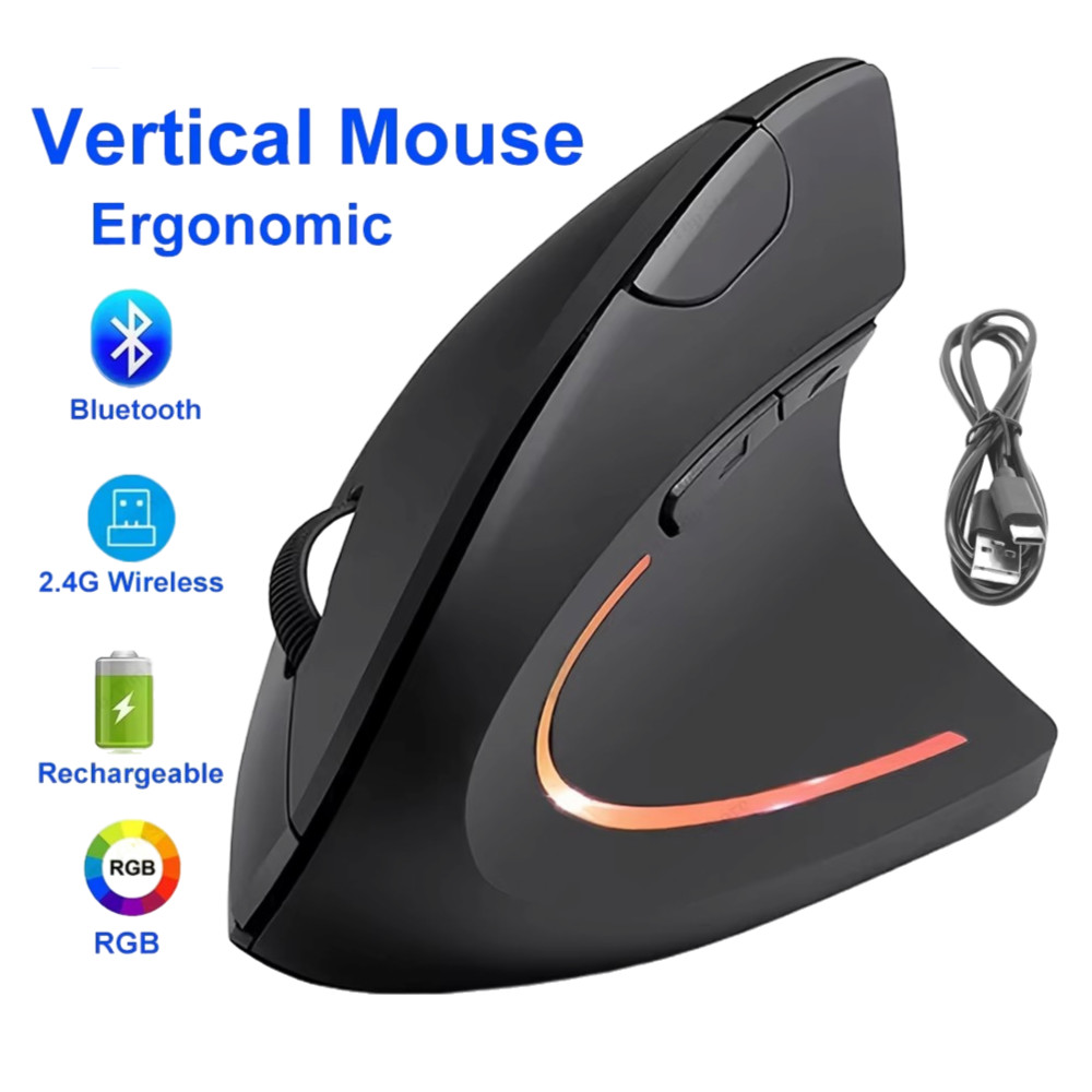2025 Novo Mouse Criativo Vertical Ergonômico Modo Duplo Sem Fio 2.4G Bluetooth Ratos RGB 1600 ...