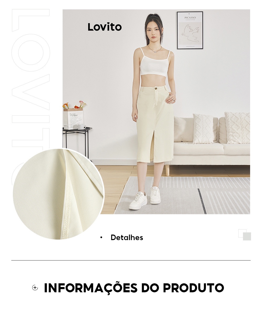 Lovito Casual Lisa Saia Feminina com Fenda, Bolso e Botão L62ED090 ...