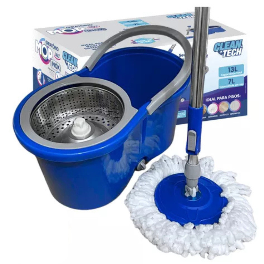 Mop Giratório 360° Cesto Inox Clean Tech 13L - CT0035- Azul c/ Cinza ...