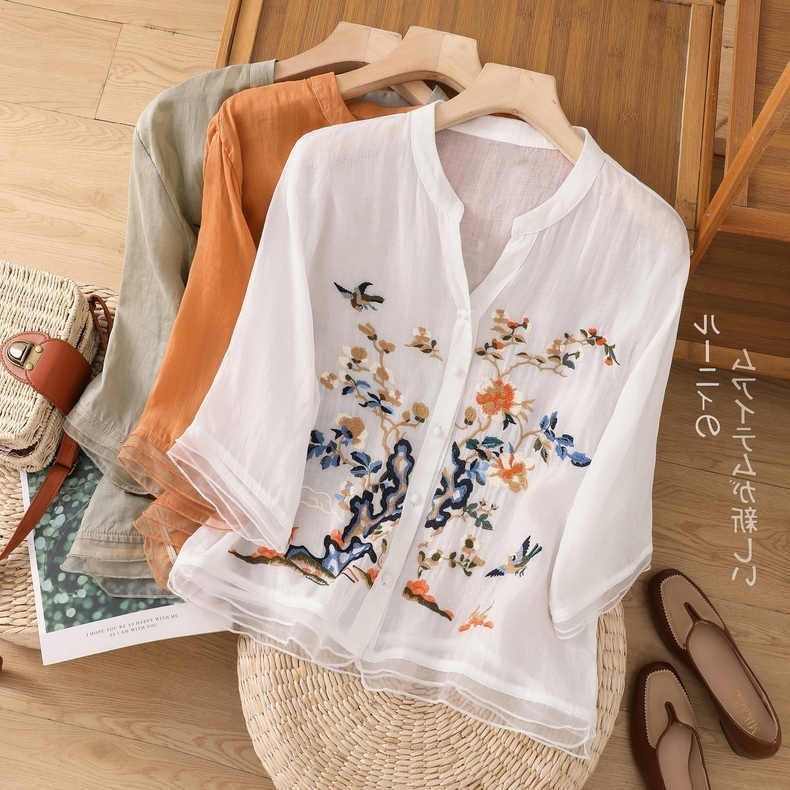 Camisa Feminina Estilo Chinês Casual Manga 3/4 Blusa Moda Solta Bordado ... Camisa Feminina Estilo Chinês Casual Manga 3/4 Blusa Moda Solta Bordado ...