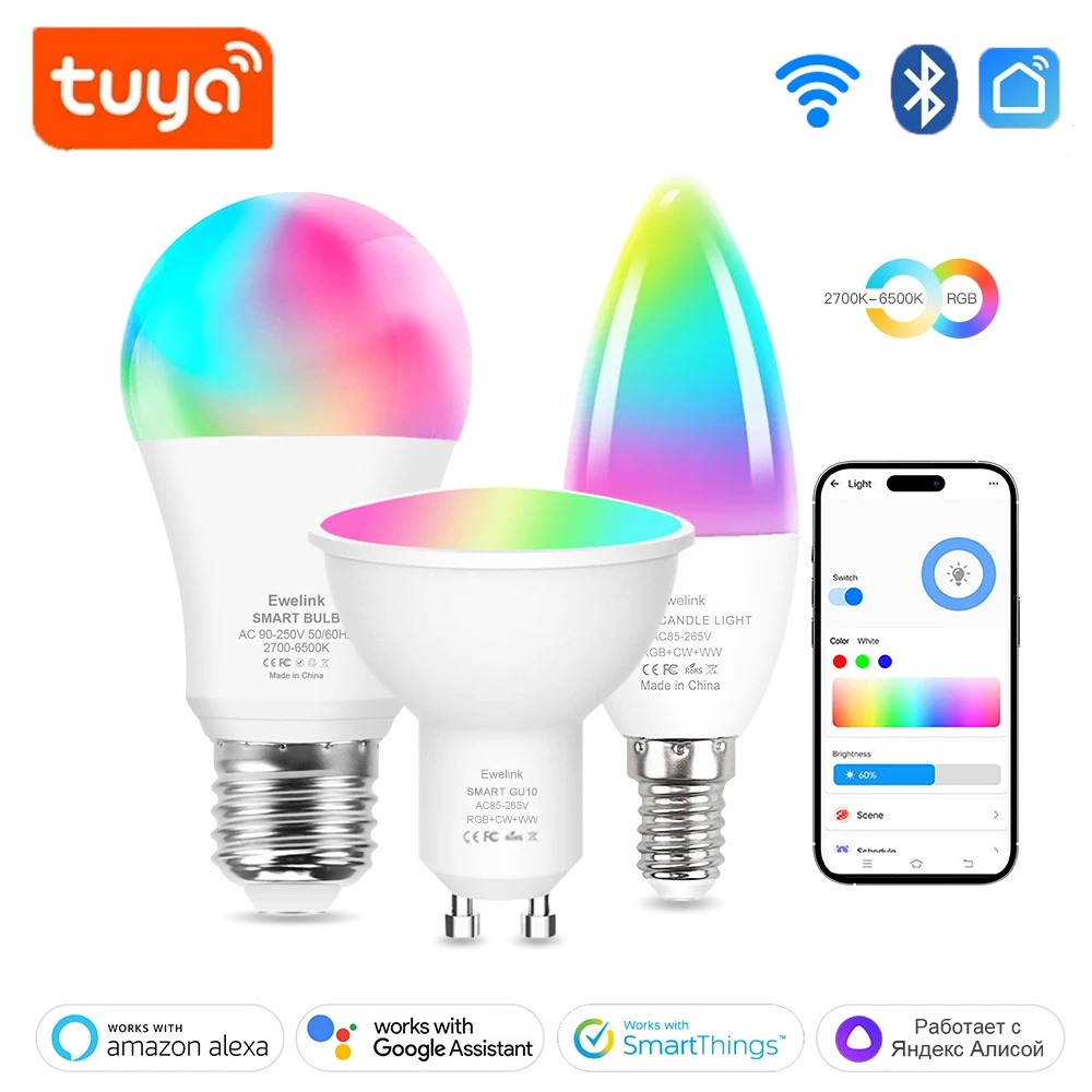 Tuya Lâmpada LED Inteligente WiFi Zigbee RGB CCT E27 9W E14 GU10 Alexa ...