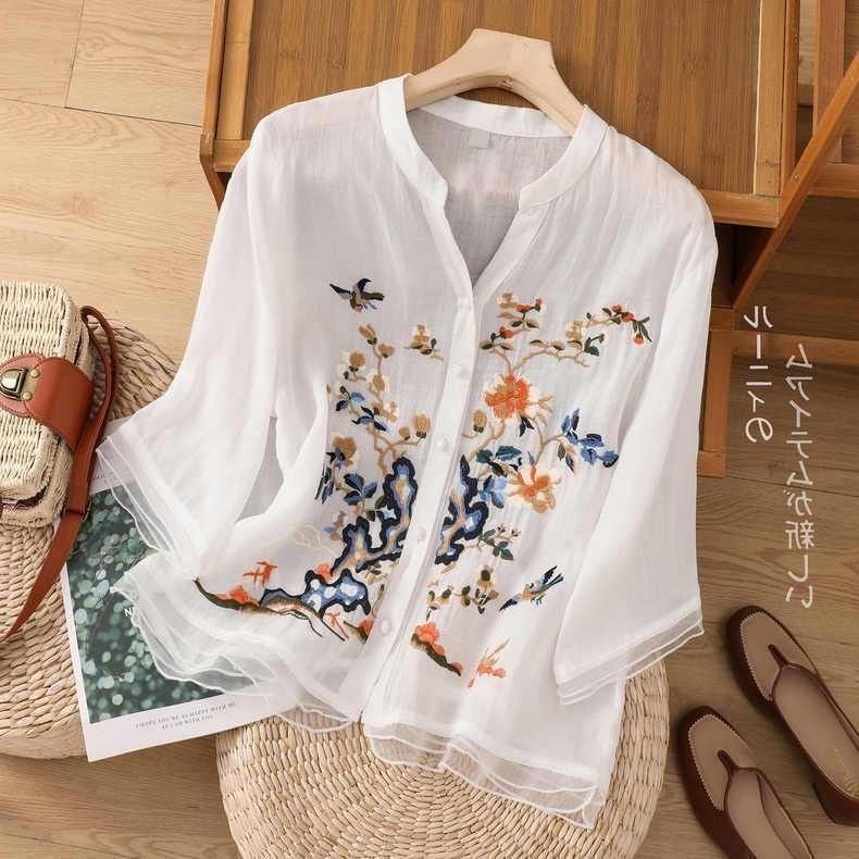 Camisa Feminina Estilo Chinês Casual Manga 3/4 Blusa Moda Solta Bordado ... Camisa Feminina Estilo Chinês Casual Manga 3/4 Blusa Moda Solta Bordado ...