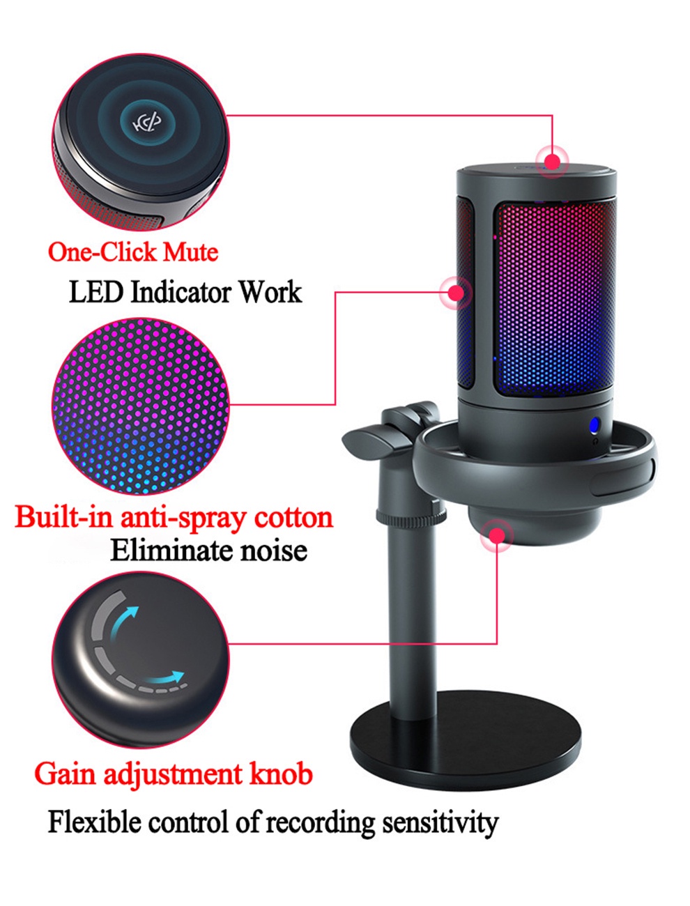 USB Wired Condenser Microphone RGB Mute Button PC Gaming Microphone for ...