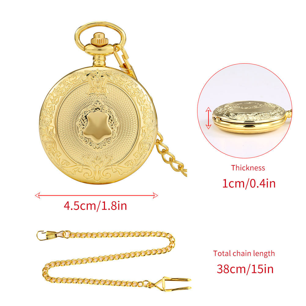 Relógio de bolso de quartzo com padrão de escudo esculpido dourado ...