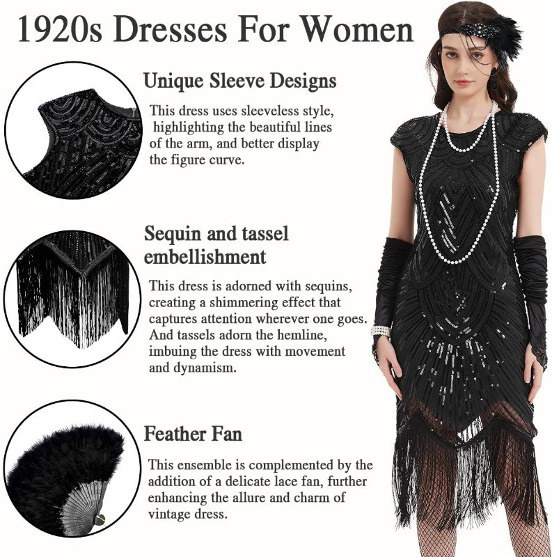 1920s Vestidos Para Mulheres Vestido Flapper Renda Fã Pena Bandana ...