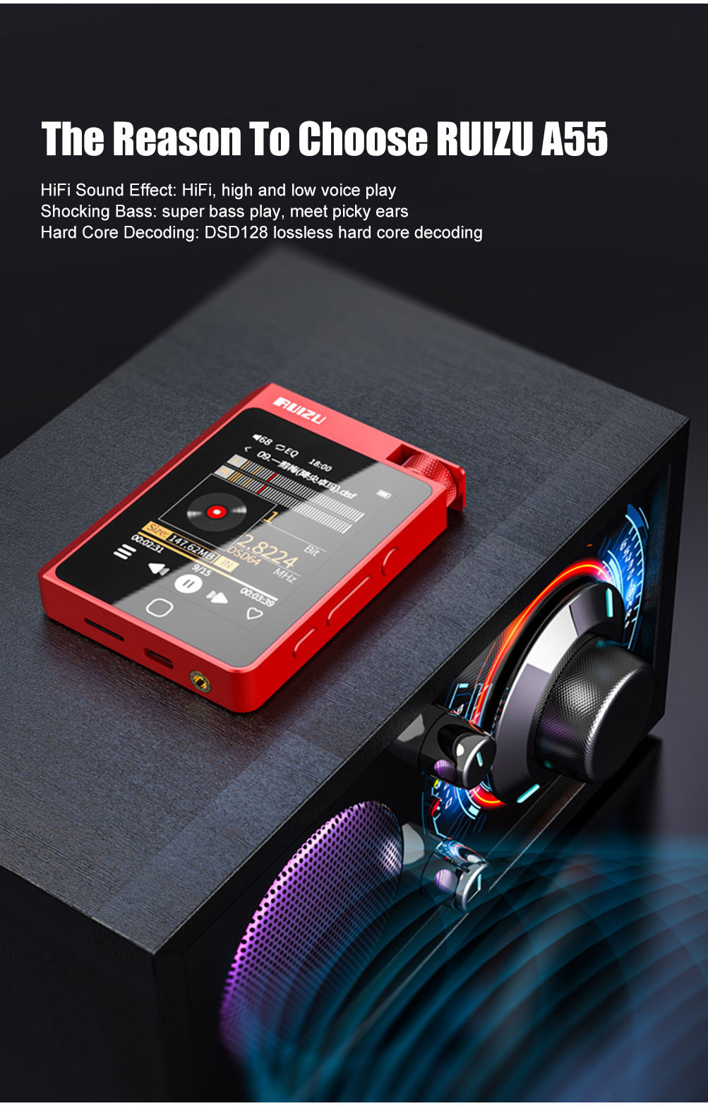 Uareliffe RUIZU A55 Music Player 16GB HiFi Decodificação Sem Perdas ...