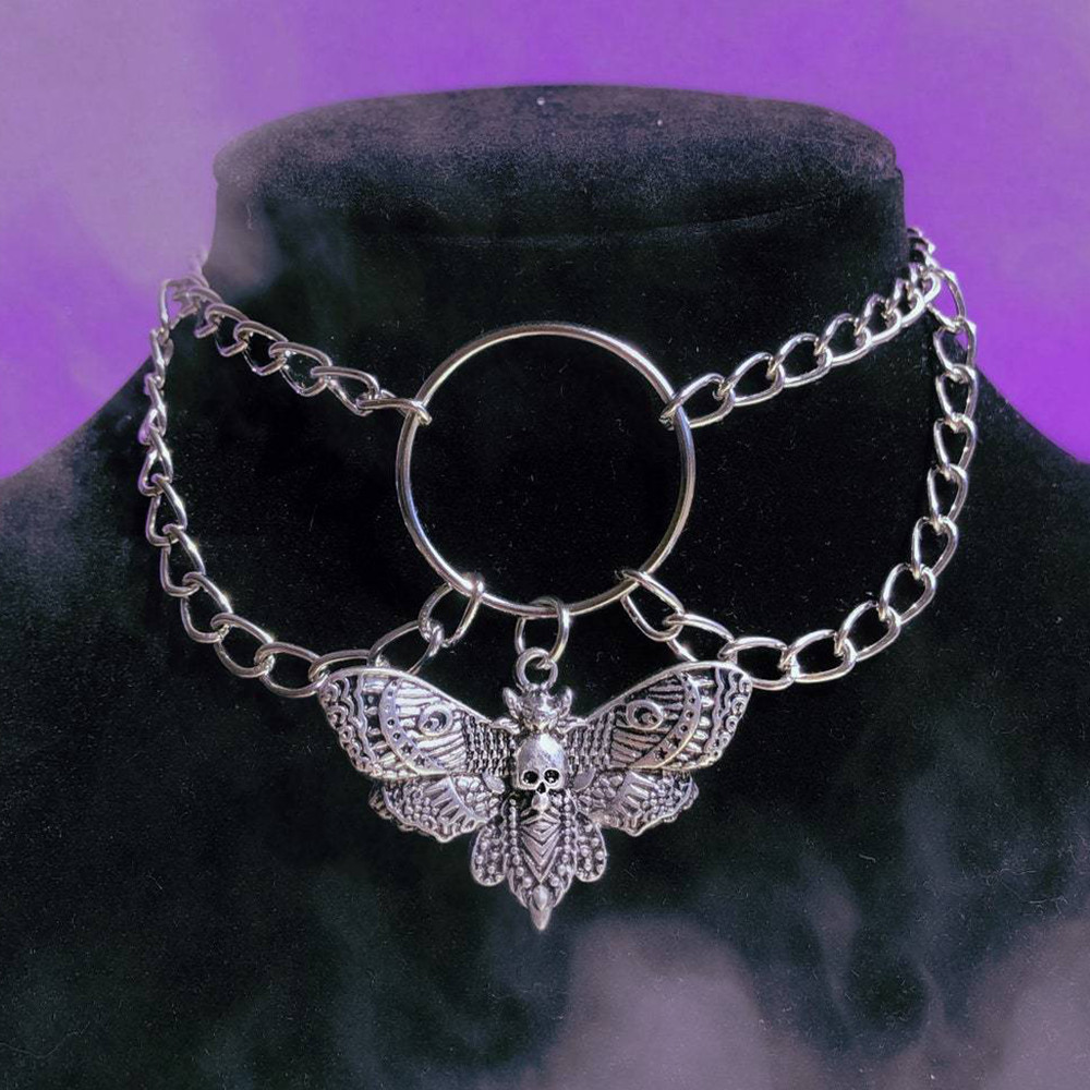 Gargantilha Gótica Para Mulheres Homens Prata Vintage Skull Moth ...