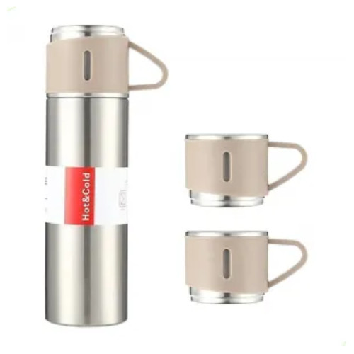Kit Garrafa Térmica 500ml + 3 Xícaras em Aço Inoxidável - Creme/Inox ...