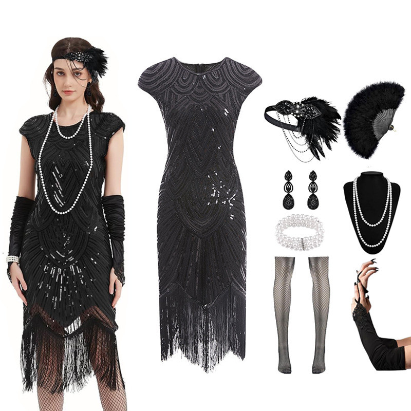 1920s Vestidos Para Mulheres Vestido Flapper Renda Fã Pena Bandana ...