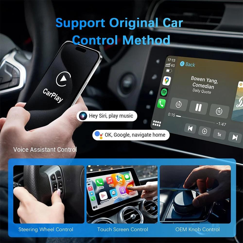 Adaptador 2-em-1 Wireless CarPlay e Android Auto, Plug & Play, converte CarPlay com fio em sem ...