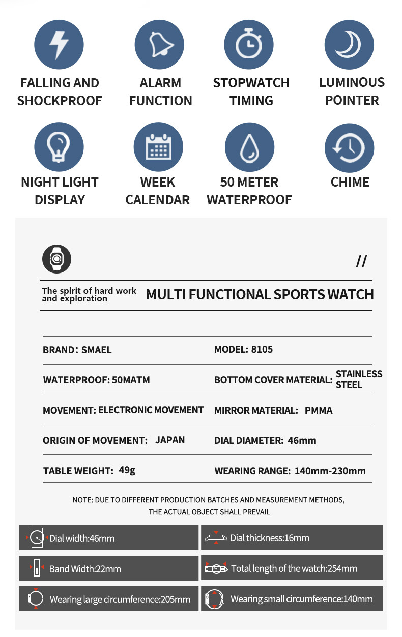 SMAEL 8105 Relógio À Prova Dwaterproof Água Digital Luz Cronômetro Para ...