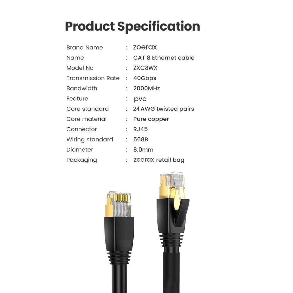 Cabo Ethernet ZoeRax Cat8 40Gbps Heavy Duty 24AWG SFTP 2000MHz Cabos De ...